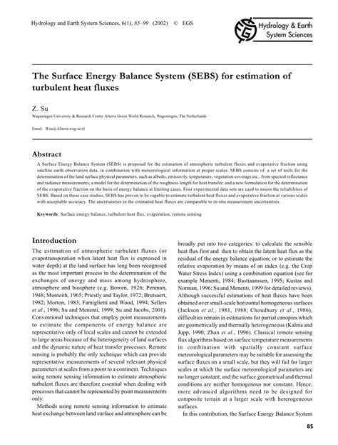 Pdf The Surface Energy Balance System Sebs For Estimation Of
