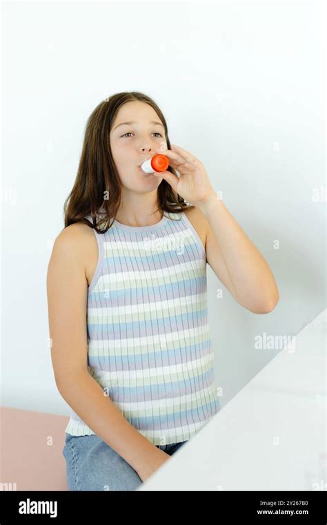 Asthma Disease Teengirl Having Asthmatic Attack And Using Inhaler Preventing Respiratory