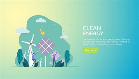 녹색 청정 에너지 원 재생 가능한 전기 태양 전지 패널과 풍력 터빈 사람 캐릭터와 환경 개념입니다 웹 랜딩 페이지 템플릿 배너 프레젠테이션 소셜 및 인쇄 미디어 개념에 대한