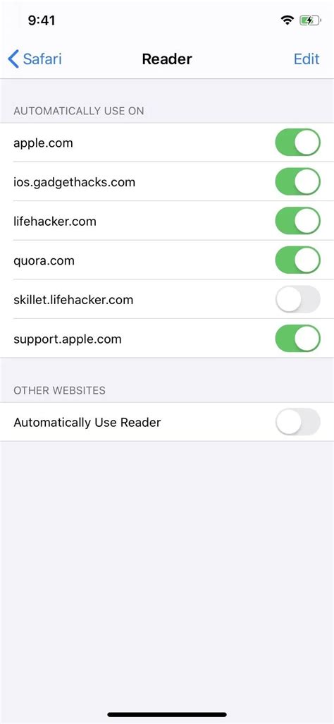 force safari to automatically show reader view for specific websites on