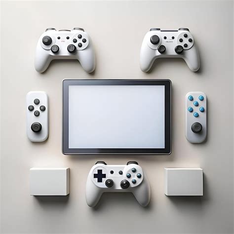 A Minimalist Flat Lay Showcasing White Gaming Controllers And A Tablet