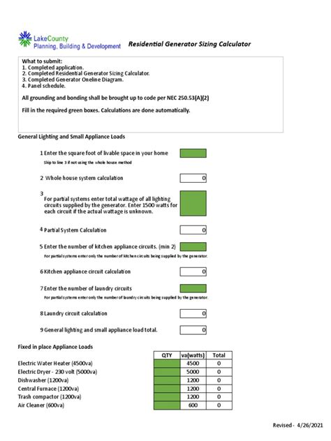 Lake County Generator Sizing Worksheet Pdf Air Conditioning Home Appliance
