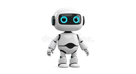 Small Humanoid Robot With A Glossy White Body Black Accents And Blue Circular Stock