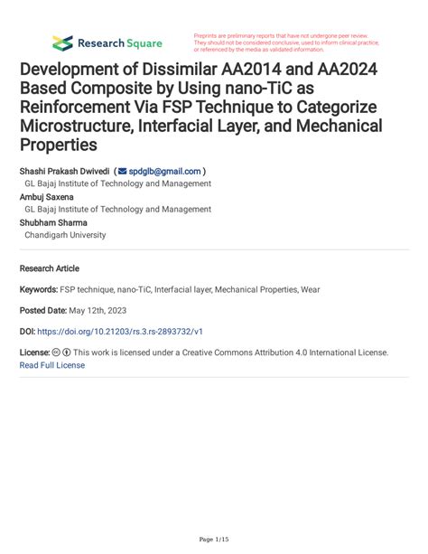 Pdf Development Of Dissimilar Aa2014 And Aa2024 Based Composite By Using Nano Tic As