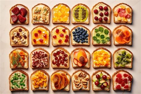 Premium Ai Image Toast With Different Toppings Arranged In A Grid Premium Ai Image Toast With Different Toppings Arranged In A Grid