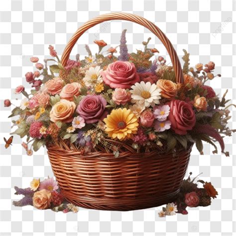 다양한 색상의 꽃으로 가득 찬 바구니의 아주 세밀한 3d 이미지가 클로즈업되어 8k 해상도 투명 배경으로 렌더링되었습니다 여러 가지 빛깔의 꽃으로 가득 찬 바구니의 아주
