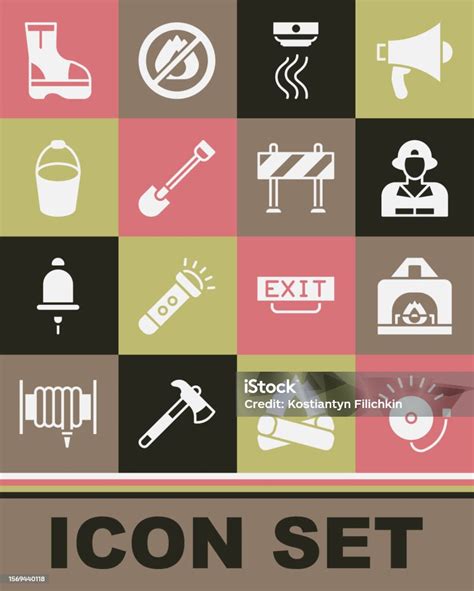 울리는 알람 벨 인테리어 벽난로 소방관 연기 시스템 삽 양동이 부츠 및 도로 장벽 아이콘을 설정합니다 벡터 경계 표지에 대한 스톡 벡터 아트 및 기타 이미지 Istock