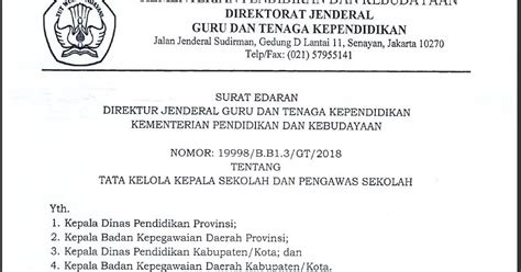 Surat Edaran Dirjen Gtk Kemdikbud Tentang Tata Kelola Kepala Sekolah Dan Pengawas Sekolah Nomor