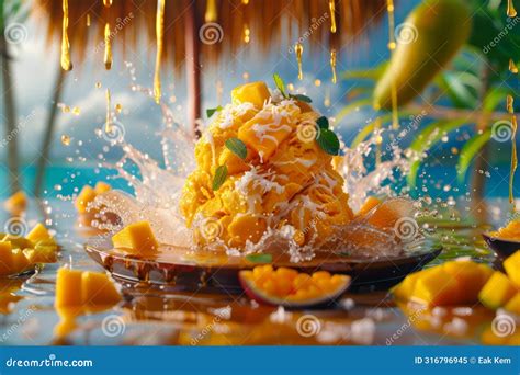 Exotic Mango Shaved Ice Dessert With Tropical Fruit Splash On Vibrant