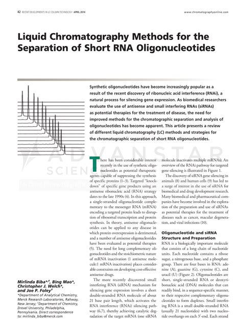 Pdf Liquid Chromatography Methods For The Separation Of Short Rna Oligonucleotides