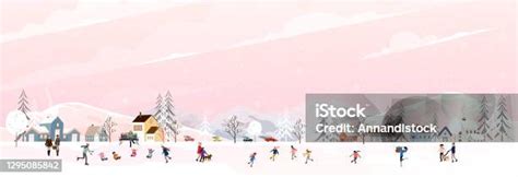 크리스마스 이브에 눈이 내리는 밤에 도시의 겨울 풍경 벡터 일러스트 만화 겨울 원더 랜드 새해 새해 또는 메리 크리스마스 인사말 카드 전단지 및 배너에 대한 마을에서 가족에