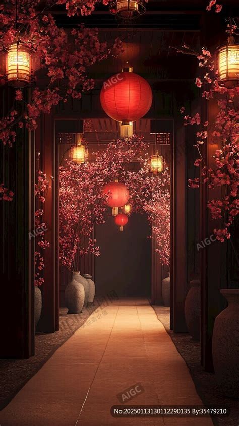 Ai创作图复古文艺长廊场景 中式樱花布景 中式梅花阁楼背景 中式通道背景 挂着红灯笼的走廊 灯笼与红樱 中式门场景 红灯笼通道 红色灯笼走廊 中式灯场景 古风酒楼 古风店面 灯笼过道 古风室内