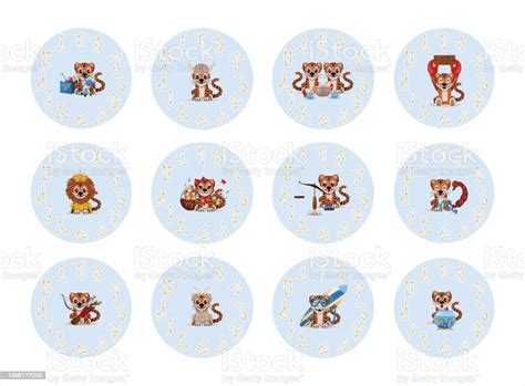 12 개의 조디악 징후 양자리 황소자리 쌍둥이 자리 암 레오 처녀자리 천칭 자리 전갈 자리 궁수 염소 자리 물병자리 및 양자리 의 형태로 아기 호랑이의 큰 벡터 세트 만화