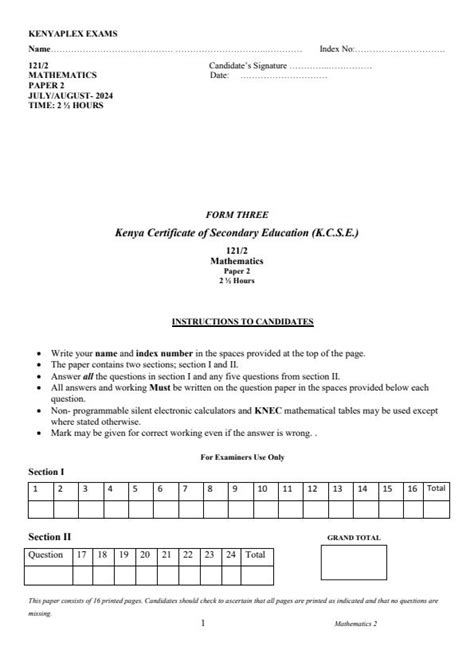Form 3 Mathematics Paper 2 End Of Term 2 Examination 2024
