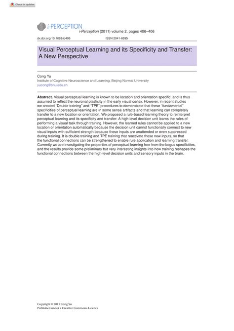 Pdf Visual Perceptual Learning And Its Specificity And Transfer A
