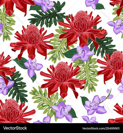 Red Torch Ginger Seamless Pattern With Purple Vector Image