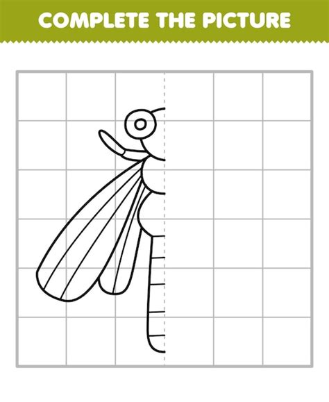 어린이를 위한 교육 게임은 인쇄 가능한 버그 워크시트를 그리기 위한 귀여운 만화 잠자리 반쪽 윤곽의 그림을 완성합니다