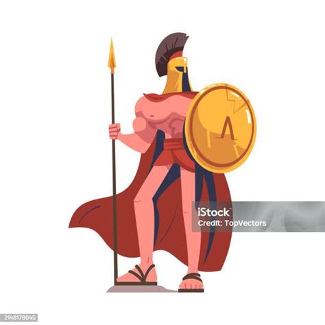 남자 스파르타 병사 또는 전사 에서 헬멧 와 창 와 방패 벡터 일러스트 검투사에 대한 스톡 벡터 아트 및 기타 이미지 Istock