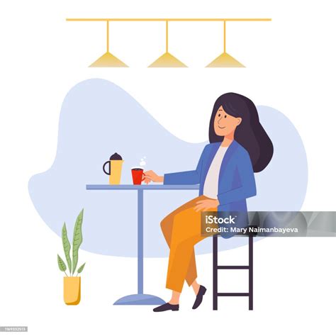 카페에 앉아 평평한 스타일의 여성 캐릭터와 테이블에 커피 포트와 커피를 마십니다 카페레스토랑의 인테리어가 있는 벡터 일러스트 마시기에 대한 스톡 벡터 아트 및 기타 이미지
