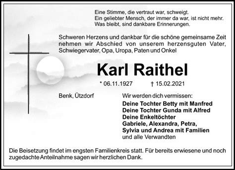 Traueranzeigen Von Karl Raithel Nordbayerischer Kurier