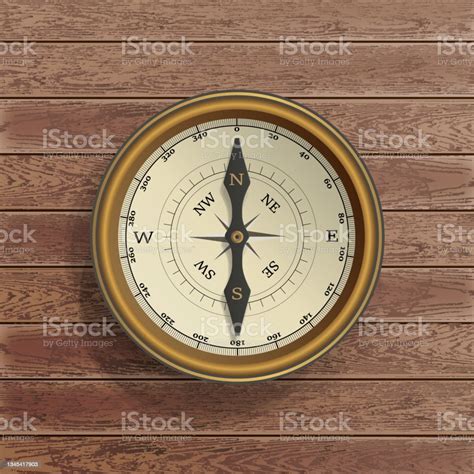 Realistic Vector Illustration Compass With Wood Background Stock