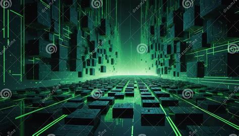 Abstract Green Digital Background Futuristic Cubes And Glowing Lines In A Virtual Sci Fi