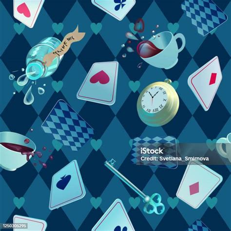 이상한 나라의 앨리스 카드 포켓 워치 키 컵 및 독극물을 체스 배경에 떨어 뜨리는 재생 직물 포장 벽지에 대한 원활한 패턴 장식 인쇄 벡터 배경 이상한 나라의 앨리스에 대한