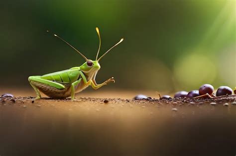 Premium Ai Image A Green Grasshopper Sits On A Dirt Path