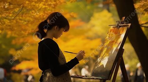 가을 공원에서 여자 페인트 예술의 가을 그림을 그리는 여자 전신 배경 일러스트 및 사진 무료 다운로드 Pngtree