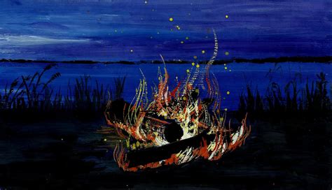 Костёр горит ярко у озера ночью отбрасывая тёплый свет на фоне тёмно синего неба Вечерний