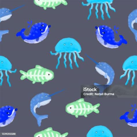 해양 생물과 원활한 패턴 나르할 고래 엑스레이 물고기 문어 해파리 휴일을 위한 디자인 포장지 인쇄 인쇄용 그림입니다 어린이 구성 직물과 종이에 대한 질감 귀여운에 대한 스톡