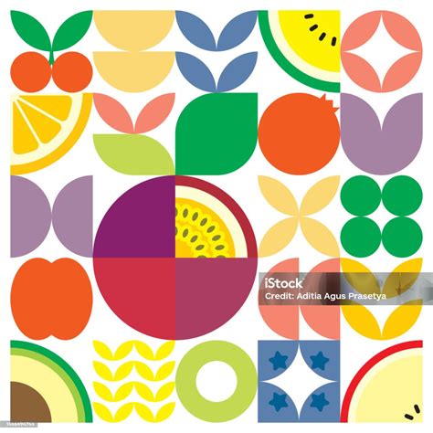 화려한 간단한 모양을 가진 기하학적 여름 신선한 과일 작품 포스터 스칸디나비아 스타일의 플랫 추상 벡터 패턴 디자인 흰색 배경에