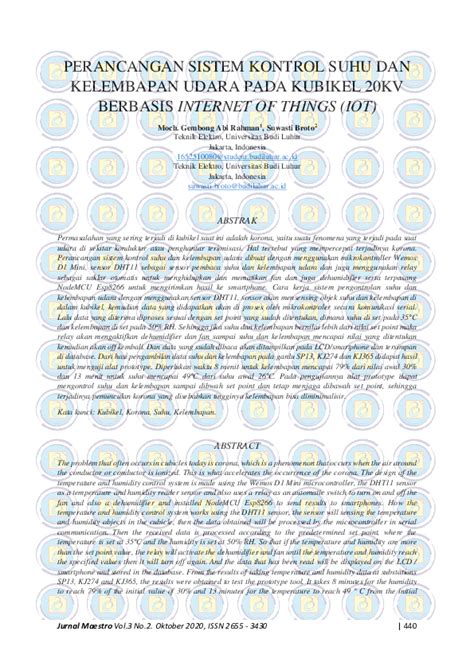 Pdf Perancangan Sistem Kontrol Suhu Dan Kelembapan Udara Pada Kubikel 20kv Berbasis Internet