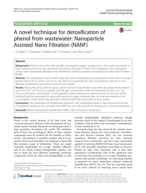 Pdf A Novel Technique For Detoxification Of Phenol From Wastewater
