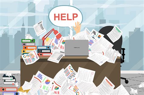 비즈니스 맨은 책상에 사무실에서 많은 문서에서 도움을 필요로하고 Help 플래카드를 들고 갈색에 대한 스톡 벡터 아트 및 기타 이미지 갈색 개념 개념과 주제 Istock