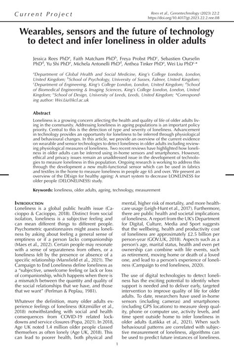 Pdf Wearables Sensors And The Future Of Technology To Detect And Infer Loneliness In Older Adults