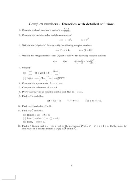 Complex Numbers Exercises Pdf Complex Number Complex Analysis