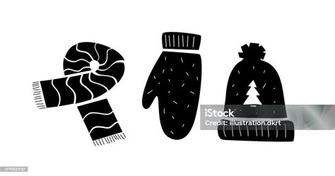 벙어리장갑 스카프 모자 흑백 평면 그림 심플한 겨울 낙서 옷 0명에 대한 스톡 벡터 아트 및 기타 이미지 0명 개인 장식품 개체 그룹 Istock