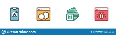 set mobile apps software processor and system bug icon vector stock