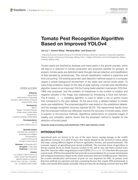 Pdf Tomato Pest Recognition Algorithm Based On Improved Yolov4