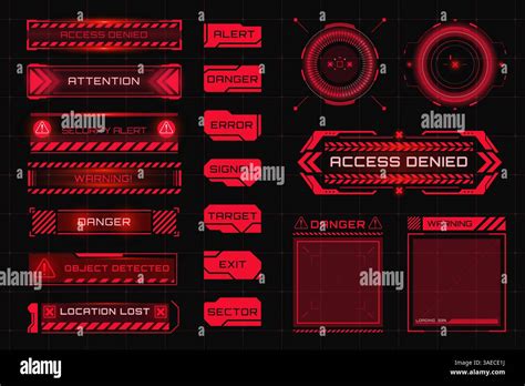 Set Of Warning Attention And Alert Red Symbols Hud Caution And Danger Frames Game Ui With