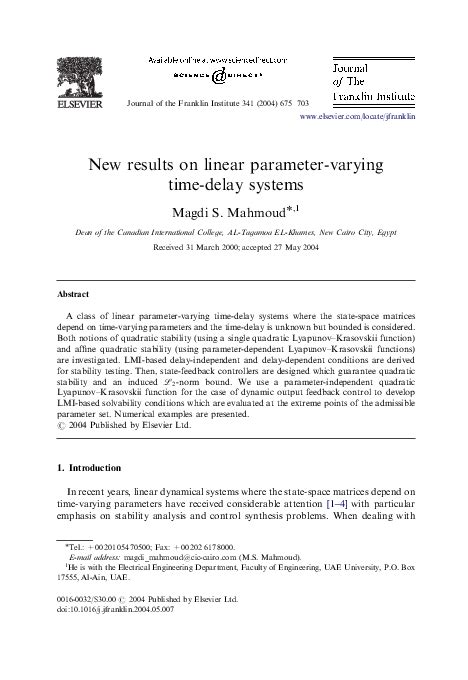 Pdf New Results On Linear Parameter Varying Time Delay Systems