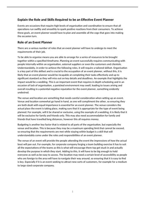 Btec Business Level 3 Unit 4 Task 1 Roles And Skills Of An Event Planner Unit 4