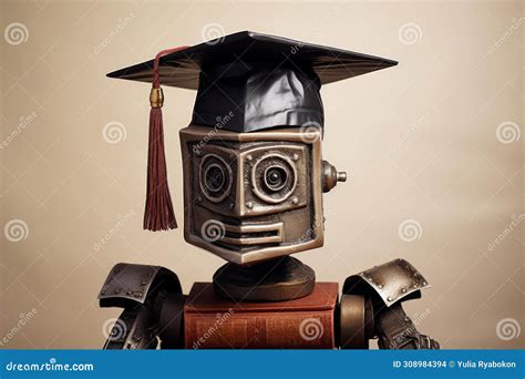Ai Robot In Graduation Cap And Work Desks In Row Education Concept