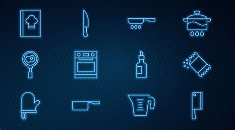 세트 라인 고기 다지기 후추 패킷 프라이팬 오븐 튀김에 계란 후라이 요리책 병 올리브 오일 및 칼 아이콘 벡터 고기에 대한 스톡