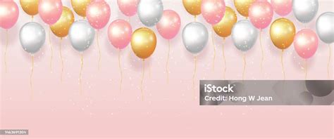 금색 흰색 분홍색 풍선이 위쪽 절반에 떠 있는 배너 배경 0명에 대한 스톡 벡터 아트 및 기타 이미지 0명 3차원 형태 공기 주입 Istock