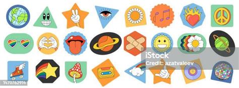 레트로 그루비 요소 세트 재미 있는 사이키델릭 히피 만화 배지 컬렉션입니다 빈티지 히피 미친 다양 한 요소 스티커 팩 추상 60