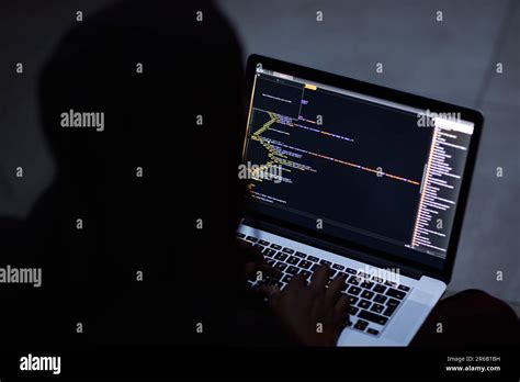 hacker code and cyber security with person and laptop screen for