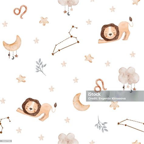 수채화 완벽 한 패턴 조디악 기호 사자자리 구름 별자리 별자리 기호 포스터 엽서 직물 포장 인쇄물에 대 한 별자리 0명에 대한