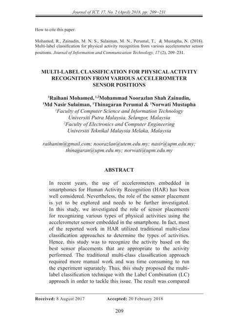 (PDF) MULTI-LABEL CLASSIFICATION FOR PHYSICAL ACTIVITY RECOGNITION FROM VARIOUS ACCELEROMETER ...